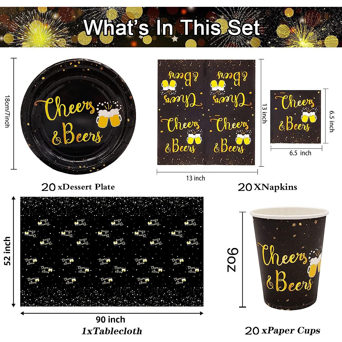 61Pcs Cheers Beer Party Supplies,Black and Gold Party Supplies Set (Plates,Napkins,Cups,Tablecloth)Cheers Beers and Beer Mugs Design,for 90th 80th 70th 60th 50th 40th 30th Cheers Party Decorations