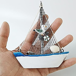 TIHOOD 4PCS Mini Sailboat Model Decoration Wooden Miniature Sailing Boat Home Decor Set, Beach Nautical Design, Navy Blue and White, 4.4 x 6.8 Inch (StyleB)