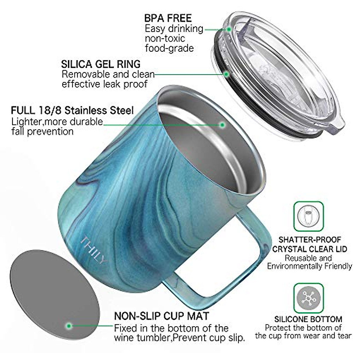 THILY Vacuum Insulated Travel Coffee Mug 12 oz Triple-Insulated Stainless Steel Coffee Cup with Handle, Spill-Proof Lid, Lightweight, Keeps Drinks Hot for Hours, Blue Swirl