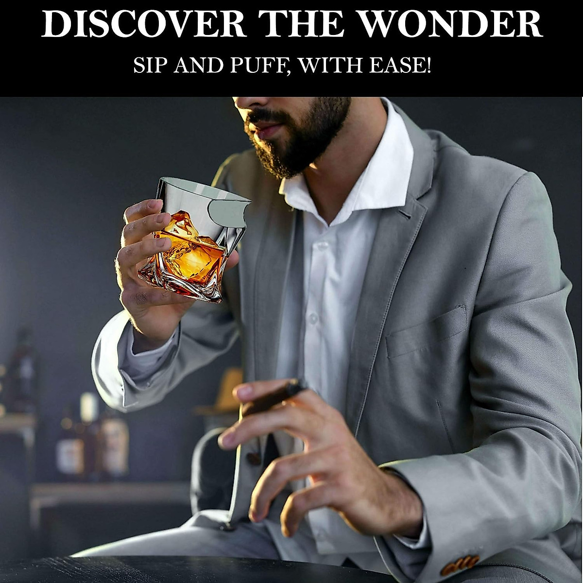 Bezrat Whiskey Cigar Glasses - Set of 2 - Old Fashioned Whiskey Tumbler With Side Mounted Holder Cigar Rest - Father's Day Gift - Dad, Husband, Grandpa, Brother