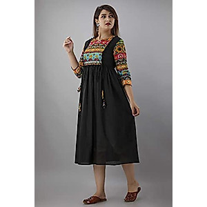 Women's Rayon Floral Printed Anarkali Kurti With Tassels (Black-Medium/38)