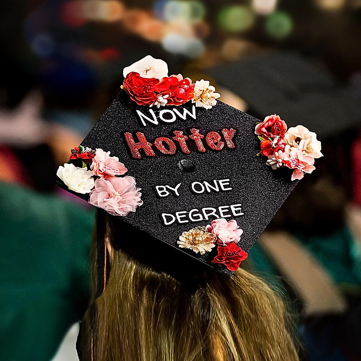 GRADWYSE Black Glitter Graduation Cap Topper with Flowers, Graduation Cap Decorations, Class of 2024 Grad Cap Topper, Now Hotter by One Degree