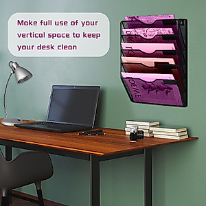 ideallife 5 Pockets Mesh Wall File Holder Organizer Office Hanging File Folder Magazine Rack, Nametag Label Hooks Set Included, Black