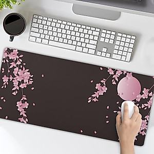 Sakura Cherry Blossom Extended Gaming Mouse Pad Non-Slip Rubber Base Pink Large Mousepad 31.5x11.8in with Stitched Edge Waterproof Flower Keyboard Pads Black Desk Laptop Mats for Work/Game/Office