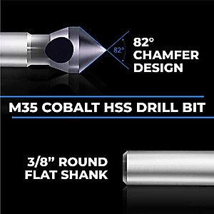 amoolo Single End Countersink Bit, Cobalt Steel Countersink Drill Bit with TiAlN Coating Finish for Hard Metal, 82 Degree Point Angle, 3/8” Round Shank, 1/2” Body Diameter
