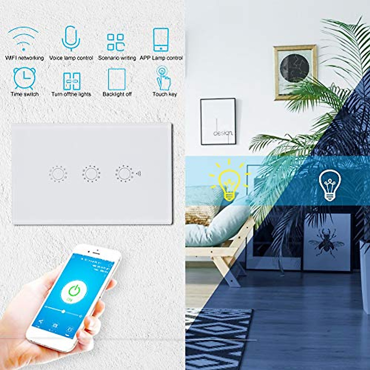 WiFi Smart Touch Panel Light Switch, Smart Switch Support Voice Control Phone APP Control Touch Control with Timing Function for Smart Home(White)