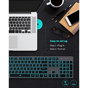 Wireless Backlit Keyboard, Rechargeable USB Silent Keyboard, 2.4G Cordless Full Size, Compatible with Apple iMac, MacBook and PC, Computer Laptop, Space Gray…