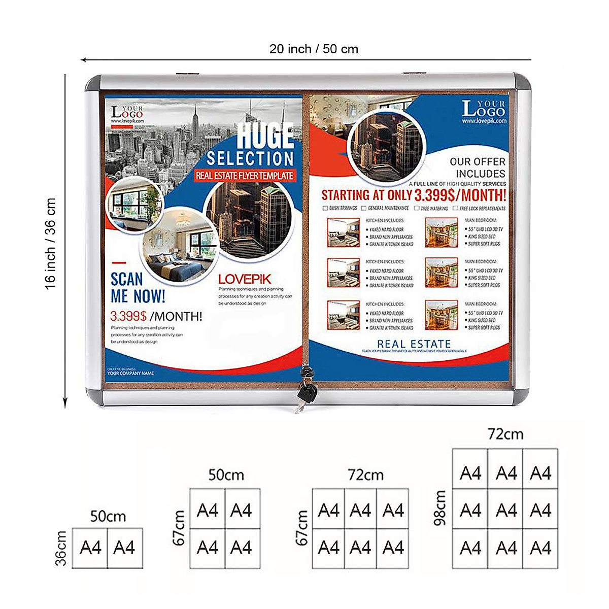 MAKELLO Lockable Bulletin Cork Board Enclosed Display Case with 3 Matching Keys for Indoor, Silver Aluminum Frame, 20x16inches (2xA4)