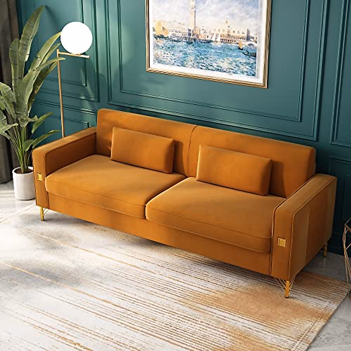 ANTTYBALE 85.63" Velvet Sofa,Modern Loveseat Couch with Pillows Set of 2 for Living Room,Bedroom,Apartment Furniture with Gold Metal Legs (Orange)