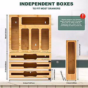 Storage Bag Organizer for Drawer, Foil and Plastic Wrap Dispenser with Cutter for Kitchen, 9-in-1 Storage for Snack, Gallon, Sandwich and More