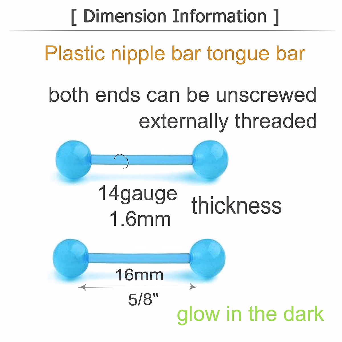 MODRSA Plastic Nipple Rings 14g Plastic Tongue Rings Acrylic Tongue Bar Nipple Bar Glow in the Dark Flexible Nipple Piercing Bar 16mm
