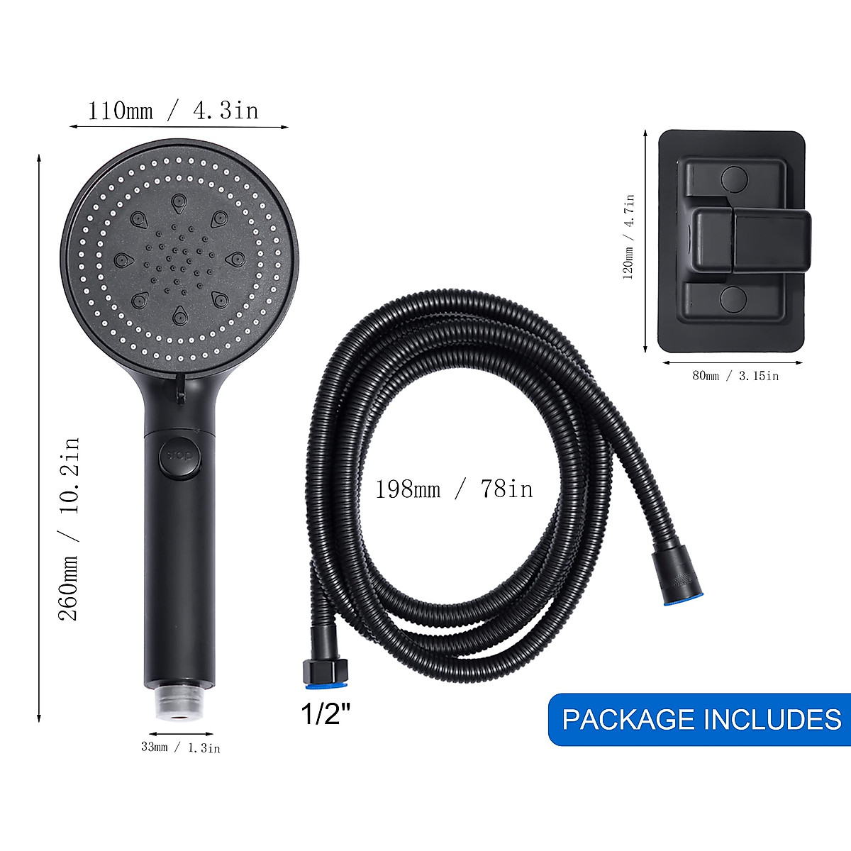 SoaShower High Pressure Handheld Shower 5-Settings、Leakproof Extra Long 78 Inch Stainless Steel Hose、Adhesive Shower Head Holder（Height/Angle Adjustable）、Matte black(Classic)、ON/OFF Pause Switch