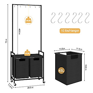 OYEAL Laundry Hamper with Lid Laundry Sorter Cart 2 Section Rolling Laundry Basket with Hanging Rack 6 Hooks for Laundry Room Bathroom Bedroom, Black