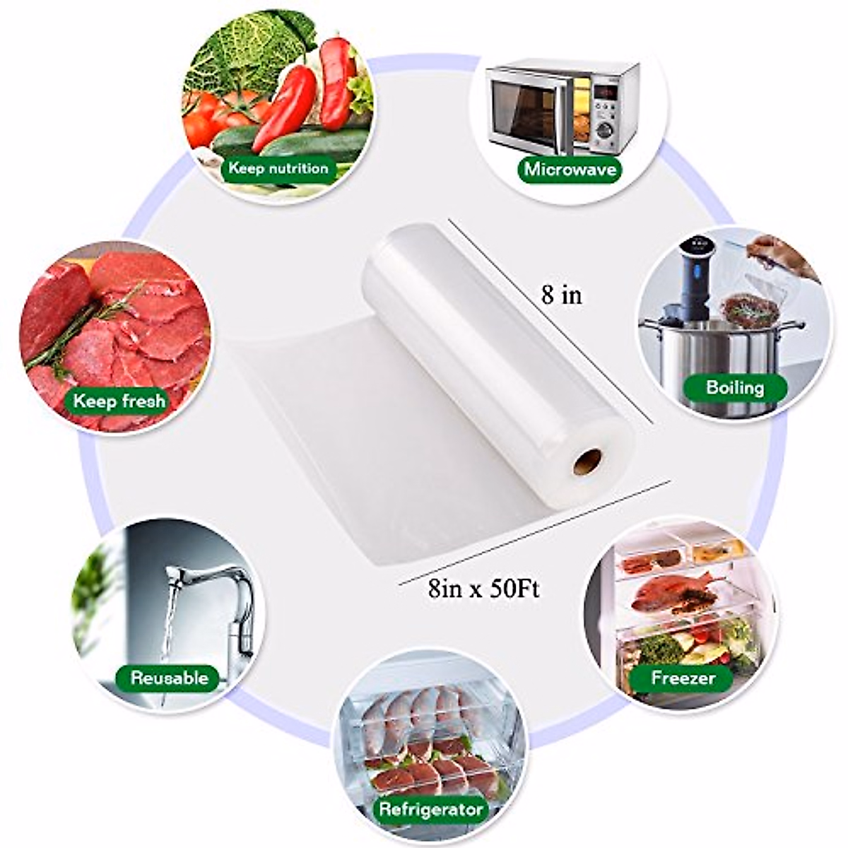 FungLam Vacuum Sealer Bags - 2 Pack 8" x 50' Commercial Grade Sealer Saver Rolls for Foodsaver and Sous Vide (Total 100 feet)