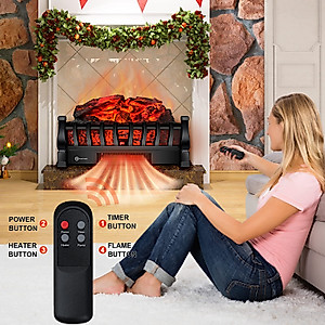 Electric Fireplace Logs Inserts Heater with Infrared Remote Controller 5 Flame Brightness 24h Timer Overheating Protection for Home and Office Decor Black