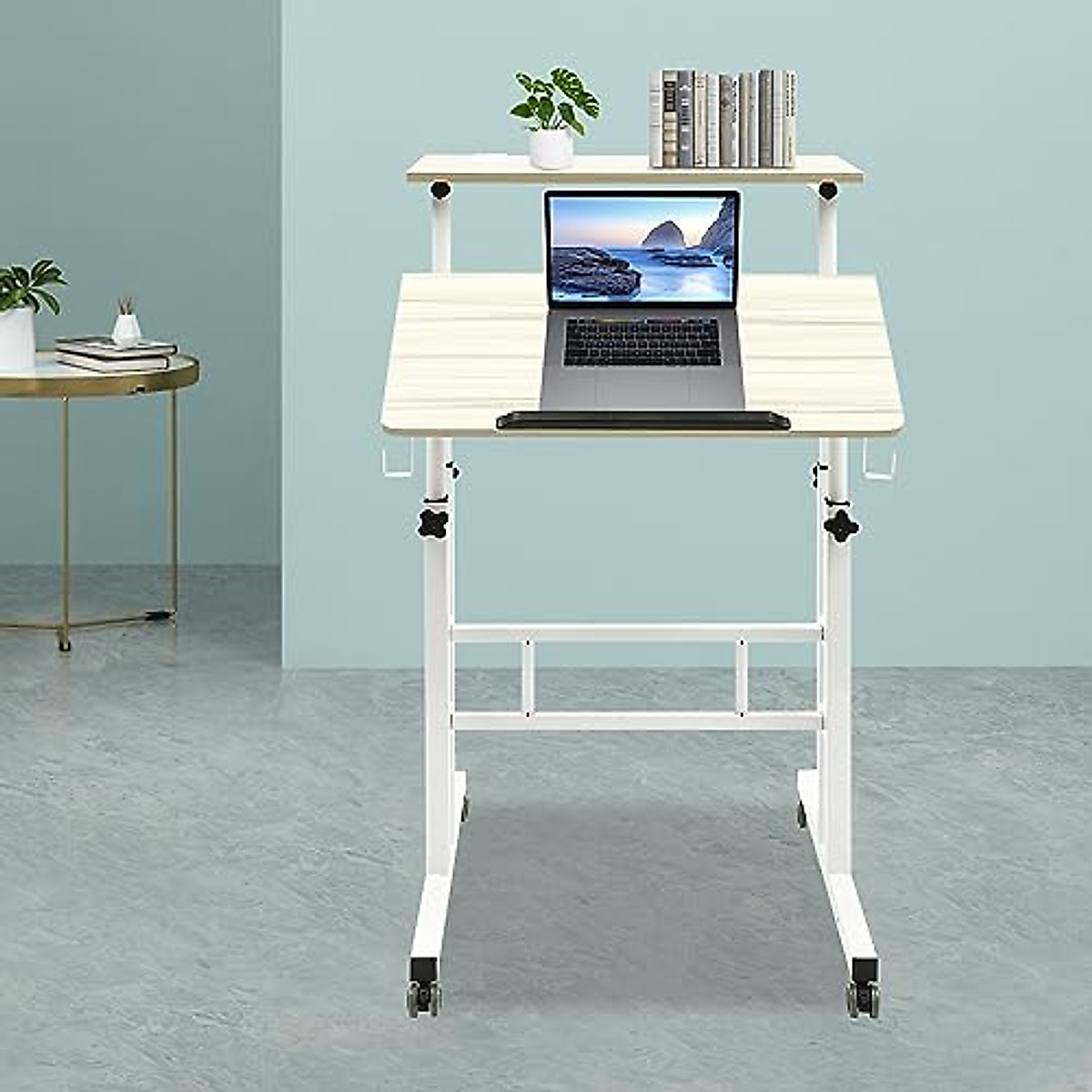 PaNeTnya Mobile Stand Up Desk,Adjustable Laptop Desk with Wheels,Standing Desk with USB Ports and Outlets,Office Desk Rolling Computer Desk Ideal for Home Office use (Oak)
