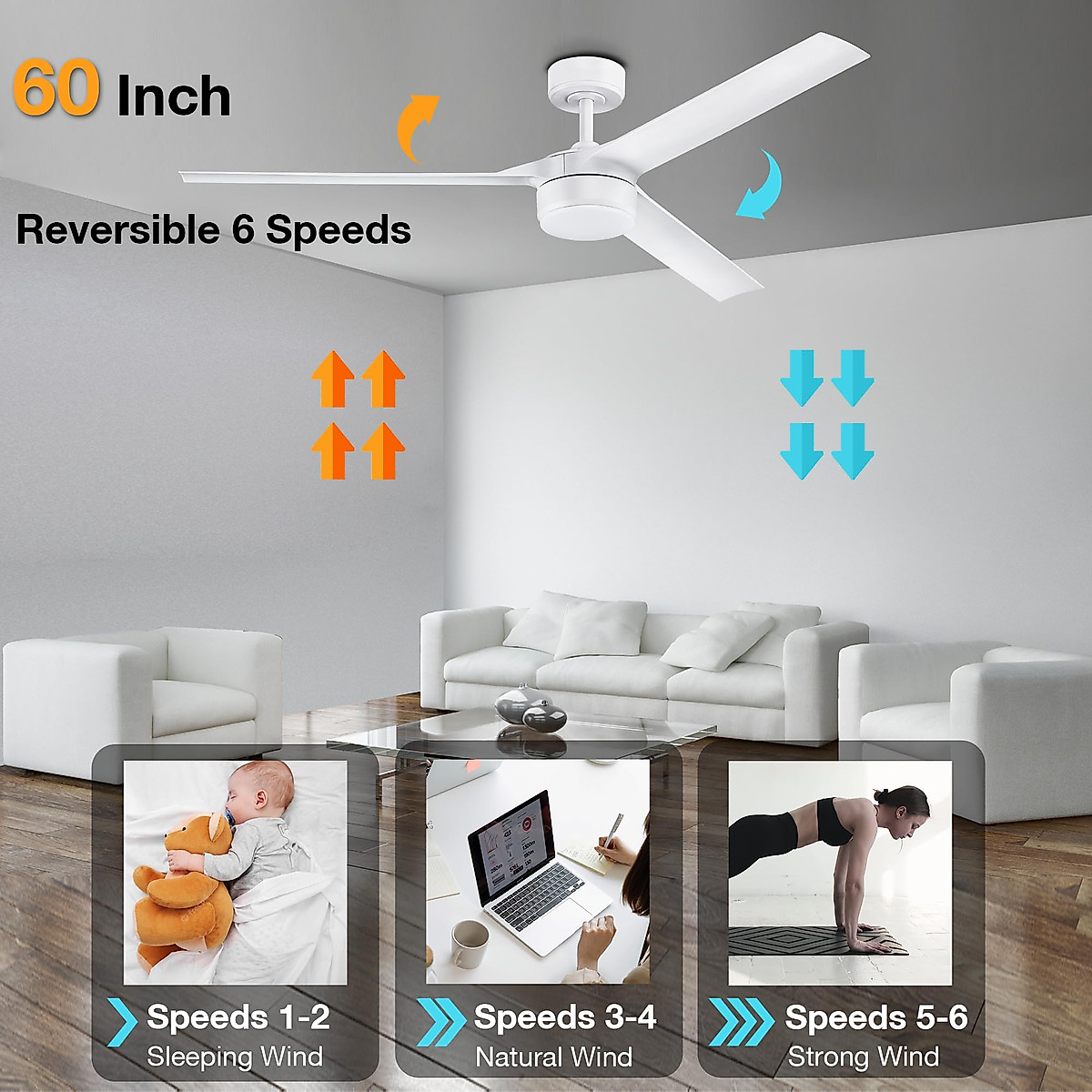 cumilo 60” Large Smart Ceiling Fans with LED Lights and Remote,Quiet DC Motor,Dimmable,Outdoor Indoor Matte White Ceiling Fan Controlled by WIFI Alexa App,Modern 3 Blade for Bedroom Living Room Patio