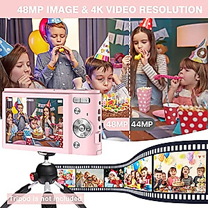 Digital Camera, 4K 48MP Vlogging Camera Compact Pocket Camera with 16X Zoom 32GB SD Card, Point and Shoot Camera for Adult Seniors Students Kids Beginner(Pink)