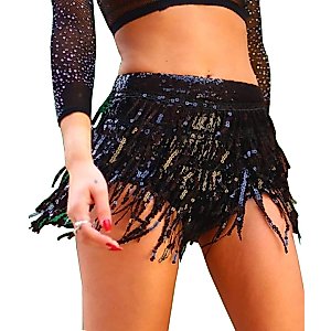Yollmart Women's Sequins Tassel Skirts Shorts Booty Dance Festival Bottoms (X-Large, Black)