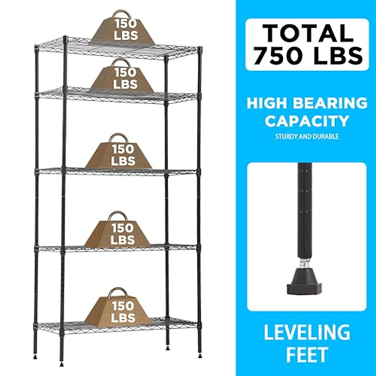 24/7 Shop at Home Rex Industrial 5 Tier Wire Shelving Rack with Wheels, Adjustable Shelves and NSF Certified, Metal Storage Shelves for Kitchen, Office, Garage, Basement, Laundry Room, Black