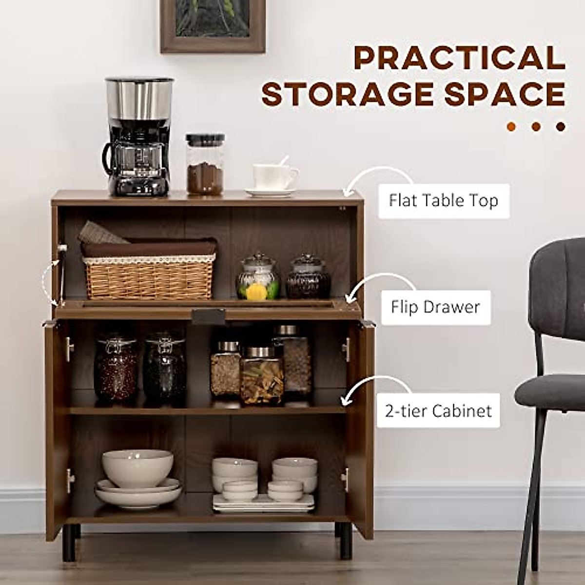 HOMCOM Sideboard Buffet Cabinet, Kitchen Cabinet with Metal Grid Flip Drawer, Adjustable Shelf, Accent Cabinet for Living Room, Walnut