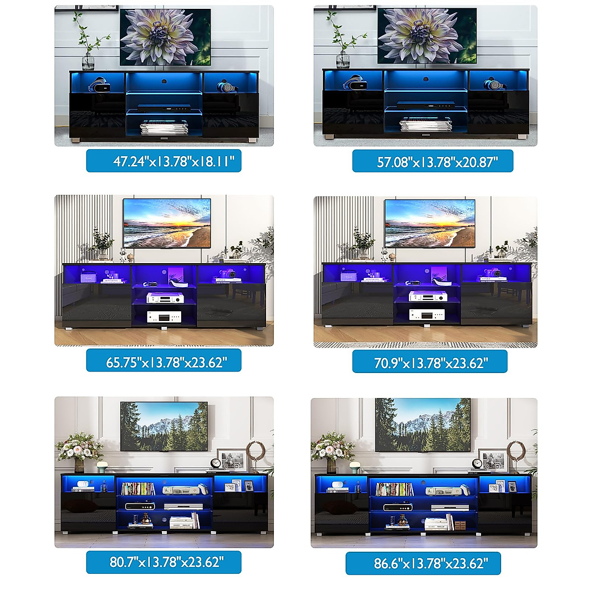 High Glossy LED Black TV Stand for 55/60/65 inch TV,Modern LED Entertainment Center with Adjustable Storage Shelves,Game Console Entertainment Center,TV Table Media Furniture (47inch, Black)