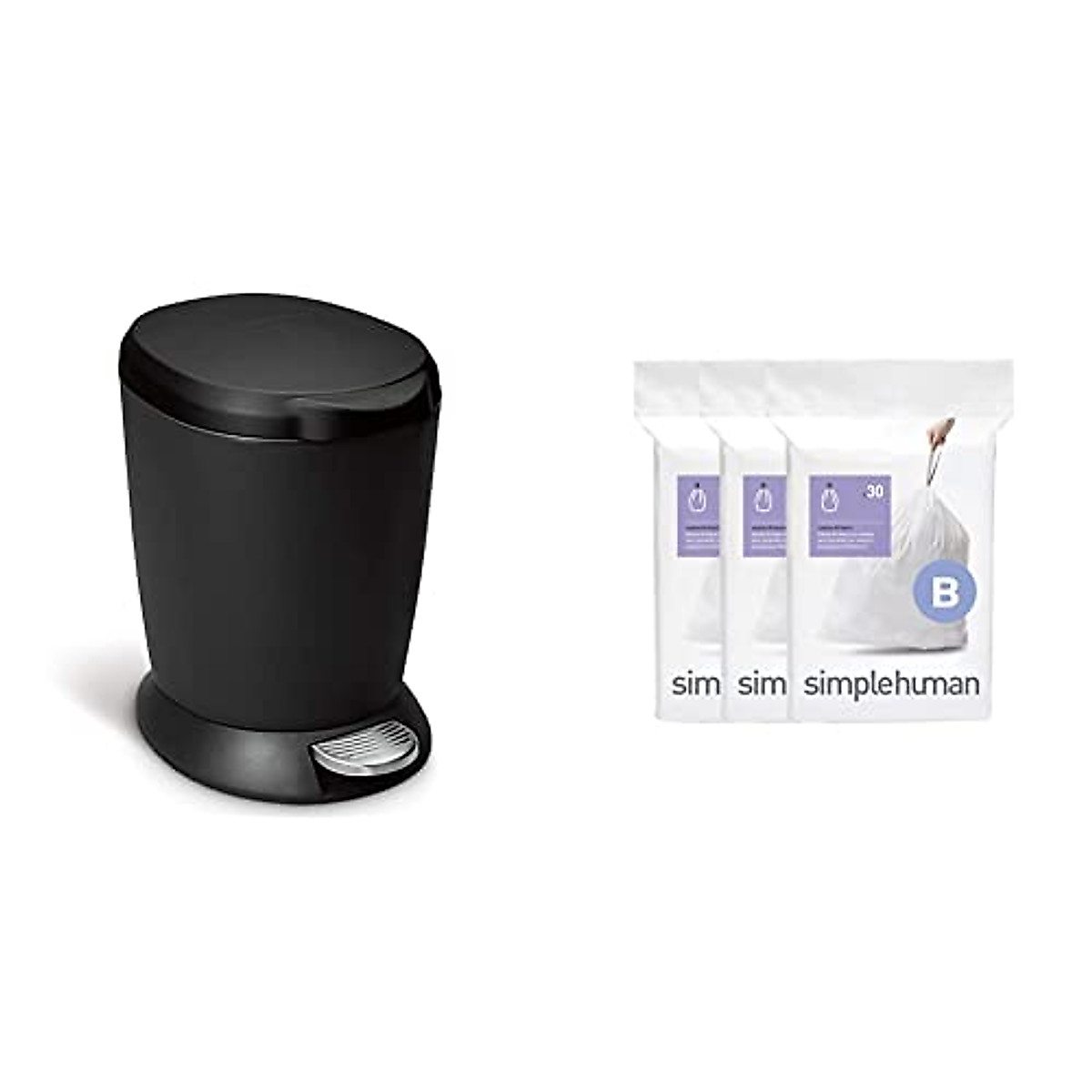 simplehuman 6 litre round step can black plastic + code B 90 pack liners