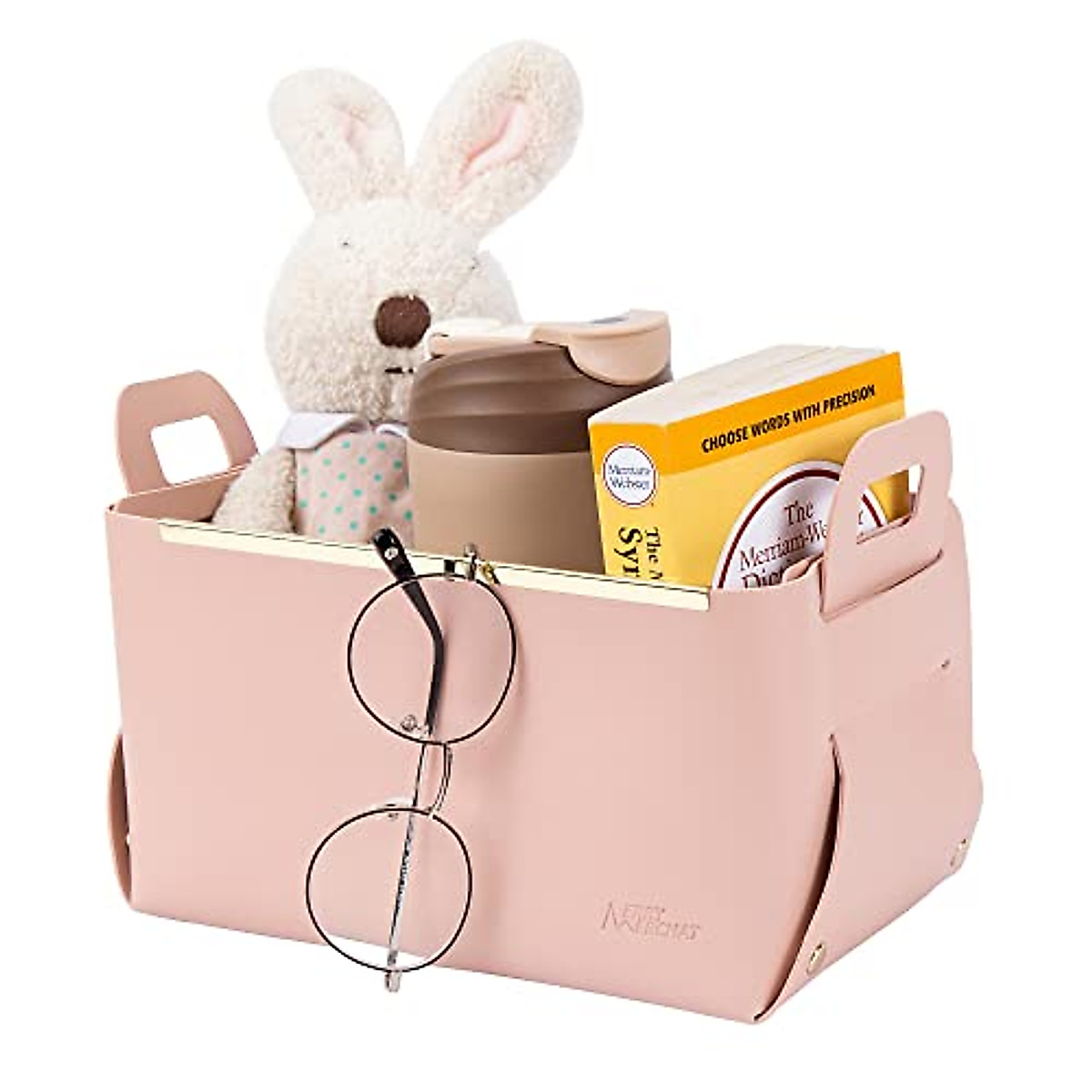 Foldable Storage Bins for Table and Desktop, Fancy Indoor Decorative Leatheroid Storage Basket Tray Collapsible Ideal for Keys Remote Cellphone Notes DVD, Pink