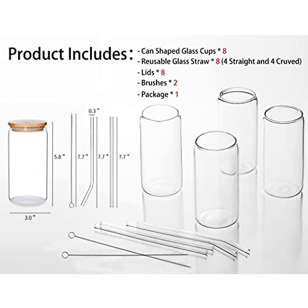 MMonDod 8 Pack Glass Cups with Lids and Straws,Iced Coffee Cup,Glass Beer Cups with Bamboo Lids and Straws,Can Shaped Glass Cups,Glass Soda Can Cup,16 oz Can Tumbler Glasses with Lid and Straw