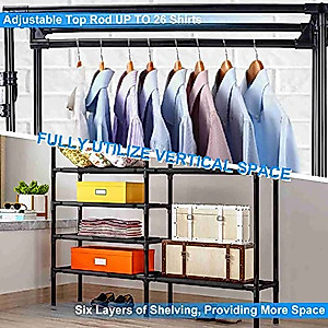 TeqHome Garment Rack, 42'' Freestanding Clothes Rack Shoe Clothing Organizer Shelves, Multifunctional Clothes Wardrobe with 4 Hooks & 2 Hanging Rods, Coated Iron Frame, Easy Assembly, Max Load 350lbs