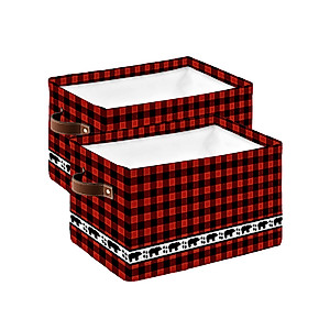 Red Black Plaid Bear Storage Bins 2 Pack, Large Waterproof Storage Baskets for Shelves Closet, Forest Wild Bear Silhouette Storage Basket Foldable Storage Box Cube Storage Organizer with Handles