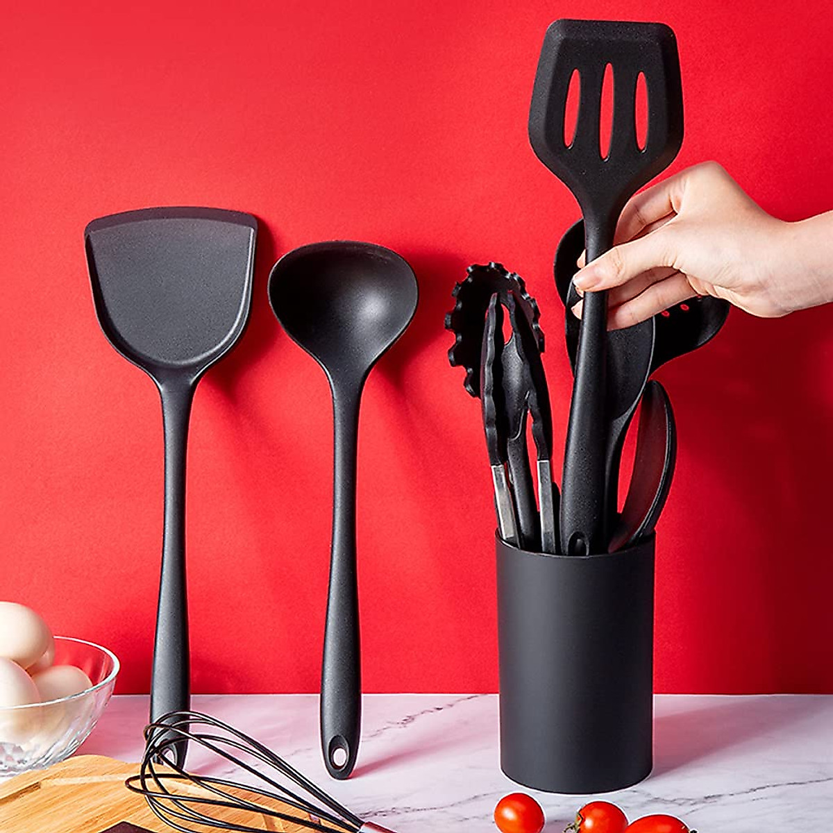 FUNCOCO Kitchen Utensil Holder, Kitchen Utensil Holder Black Plastic Cylinder Storage Tableware Drying Canister, Small