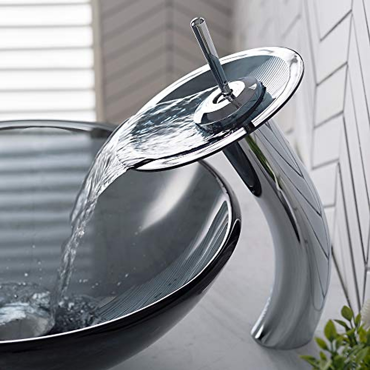 Single Lever Vessel Glass Waterfall Bathroom Faucet Chrome with Black Clear Glass Disk and Matching Pop Up Drain