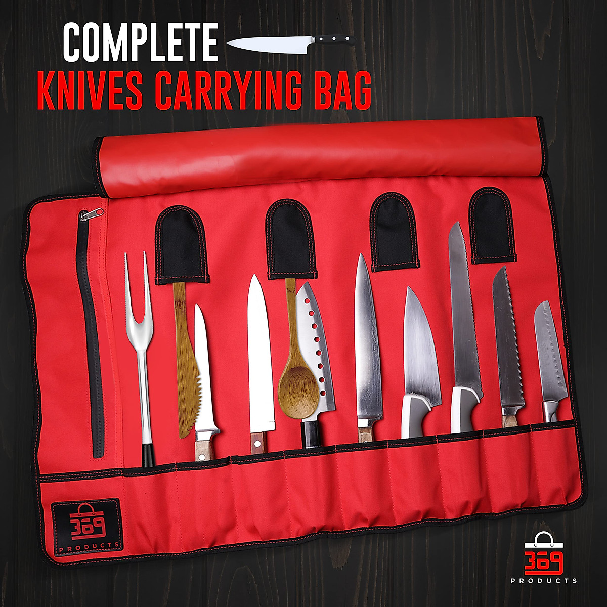 369 Products Chef Knife Bag - 18" x 7" x 3" Waterproof Polyester Knife Roll Bag with 13 Slots, Stylish Leather Straps and Detachable Shoulder Harness, Additional Zipper Compartment
