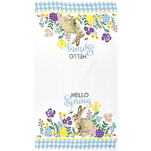 Easter Spring Kitchen Dish Towels Pot Holder Oven Mitt Set, 5c: Blue Gingham Country Bunny in Spring Flowers (Country Blue)
