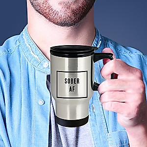 HollyWood & Twine Sober AF Stainless Steel Insulated Travel Mug with Lid Coffee Cup Funny Sobriety Gift for Men & Women - One Year Sober Sobriety Anniversary