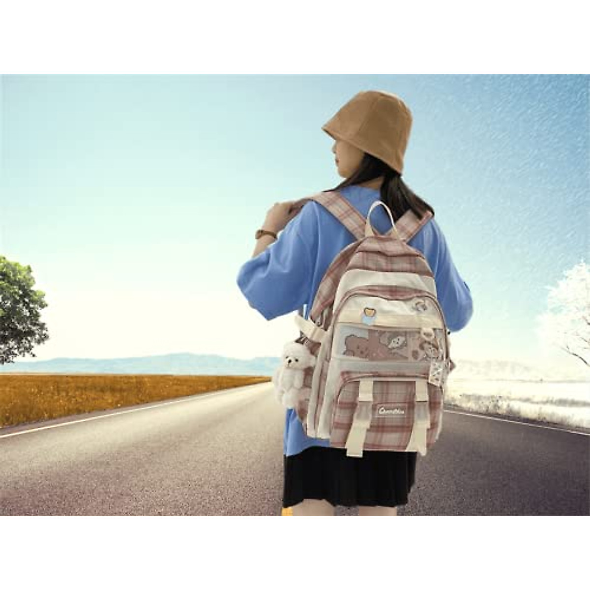 Aoakva Kawaii Plaid Backpack Purple Trendy Travel Bag with Free Cute Bear Pendant (Plaid purple), Regular