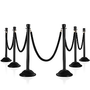 HABUTWAY 6PCS Plastic Stanchions Post, 6 Black Velvet Ropes Queue Rope Barriers, Crowd Control Stanchion, Sand/Stone Injection Hollow Base and Velvet Ropes Set for Party Supplies Easy Connect Assembly