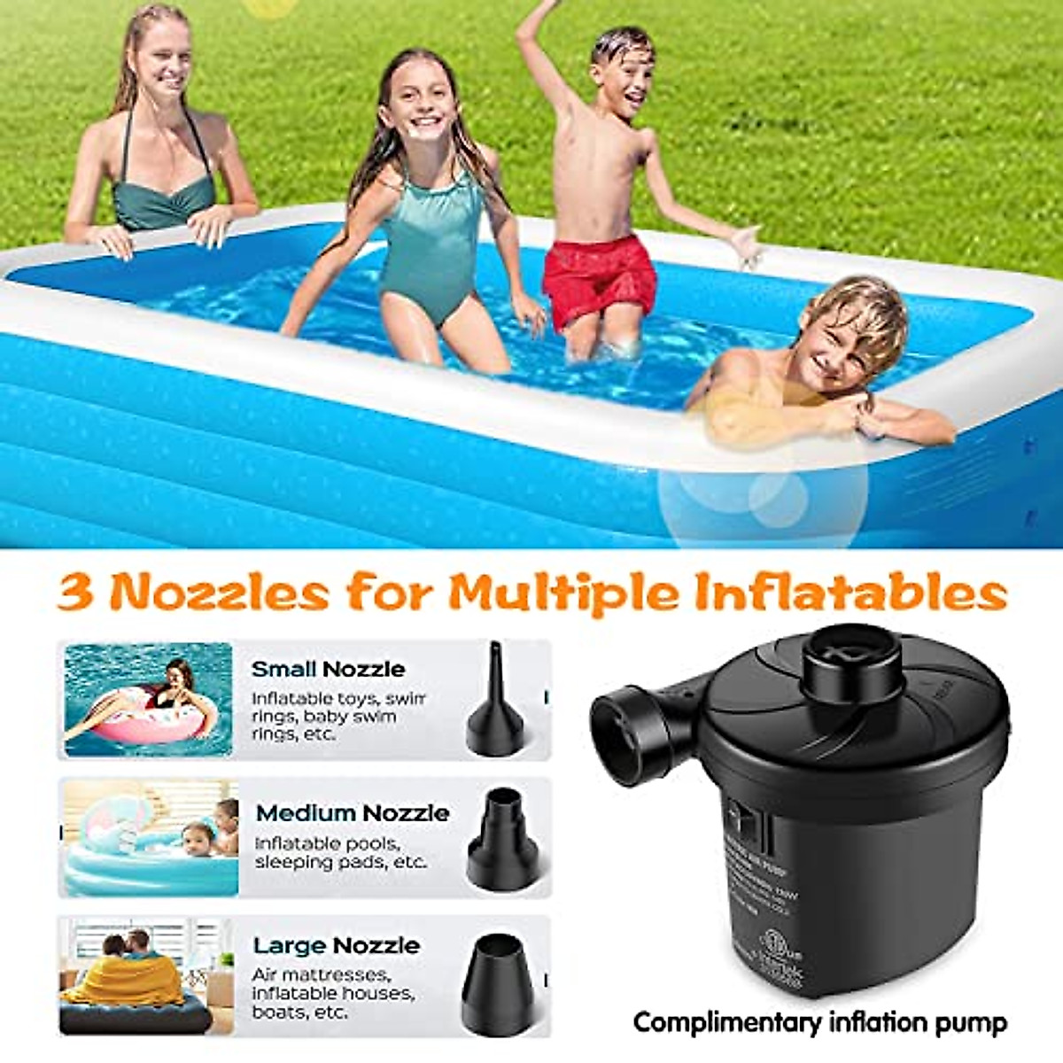 SOARRUCY Inflatable Pool-Swimming Pools for Kids & Adults, Above Ground Pool 120''x72''x26'' Oversized Thickened Family Blow Up Kiddie Pool, with Electric Air Pump Backyard, Garden