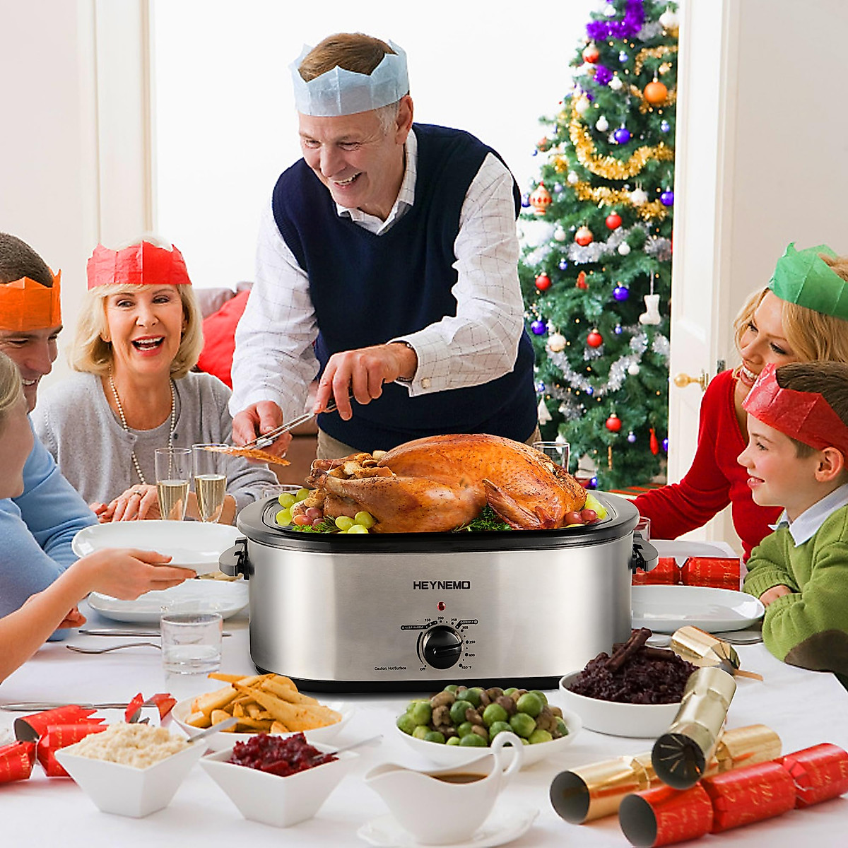 26 Quart Electric Roaster Oven with Visible & Self-Basting Lid, Large Turkey Defrost Warm Function, Adjustable Temperature, Removable Pan Rack, Stainless Steel, Silver