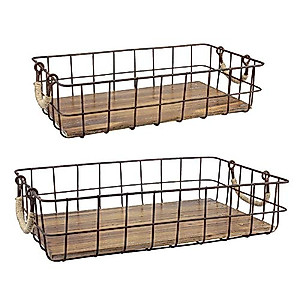 Stonebriar Stackable 2pc Rectangle Metal Wire and Wood Basket Set with Rope Wrapped Handles, Rustic Decor for Home Storage, Decorative Serving Baskets for Weddings, Birthdays, and Holiday Parties