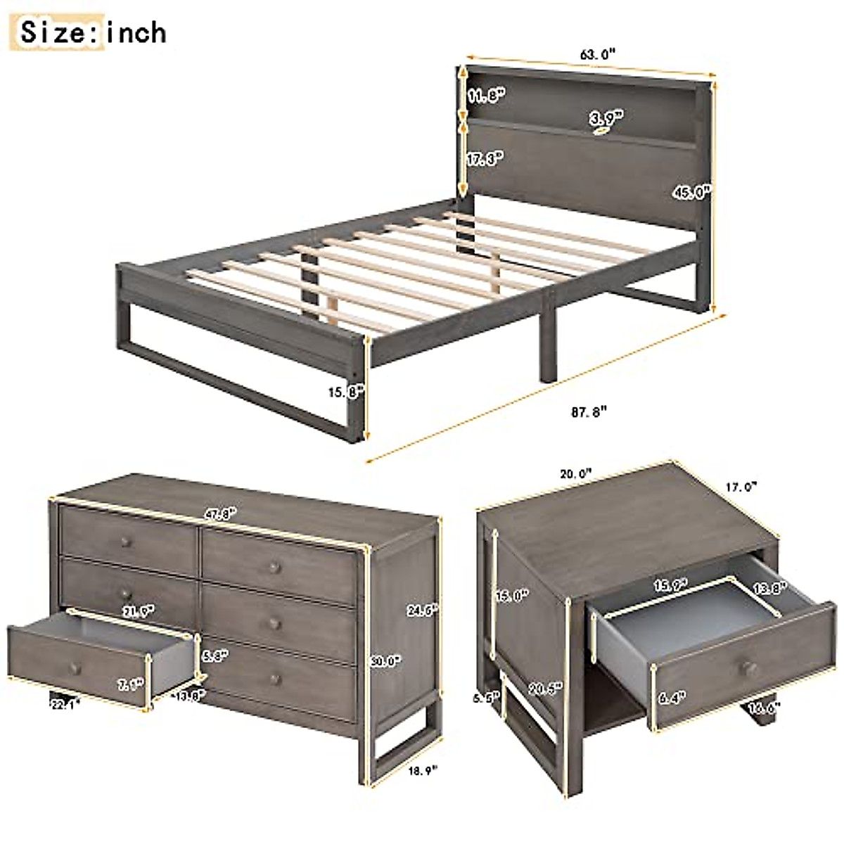 CITYLIGHT 3 Piece Queen Bedroom Set, Wood Queen Size Platform Bed with USB Port, One Nightstand and 6 Drawers Dresser, Queen Bedroom Furniture Set for Kids Teens Adults, Antique Grey