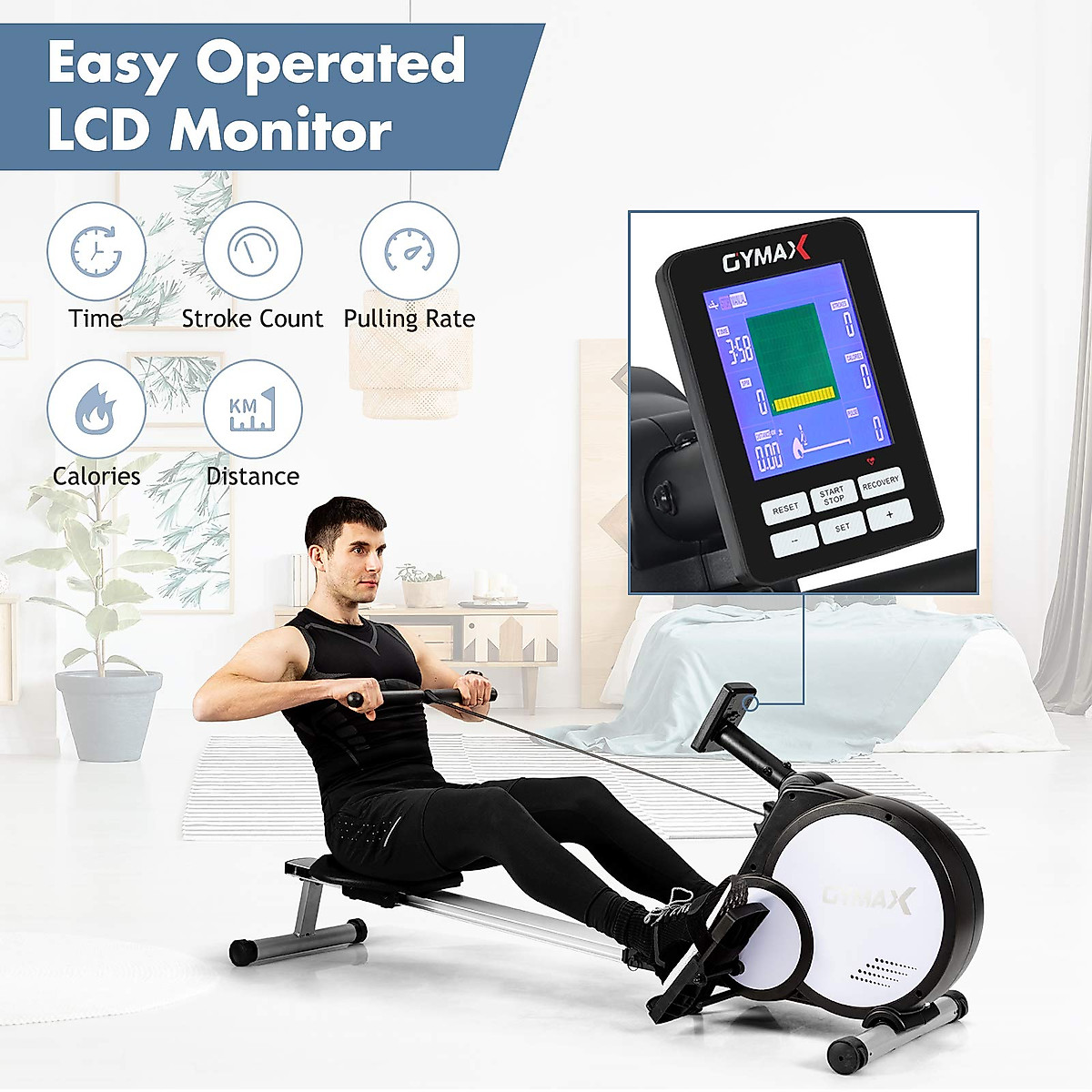 GYMAX Magnetic Rowing Machine, 16-Level Resistance Adjustable Rower with LCD Monitor, Heart Rate Sensor for Cardio Exercise, Home Gym Workout