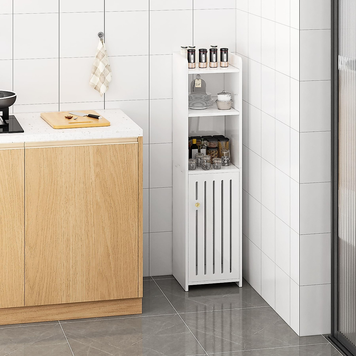 POBOMULI Small Bathroom Storage Cabinet, Narrow Bathroom Organizers with Door and Open Shelf for Toilet Bathroom Small Spaces, White