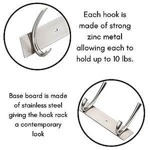 BIRDROCK HOME Premium 5-Hook Stainless Steel Coat and Hat Rack for Wall - Set of 2 - Front Door Organizer - Mounted Hanger for Jackets, Clothes, Hats, Towel - Silver Dual Hooks - Brushed Nickel Finish