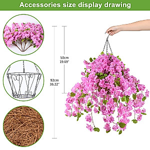 Homsunny Artificial Hanging Flowers Basket,4pcs Peach Blossom Silk Vine Flowers for Outdoor/Indoor,Ivy Basket Artificial Hanging Plant for Patio Lawn Garden Decor (Purple)