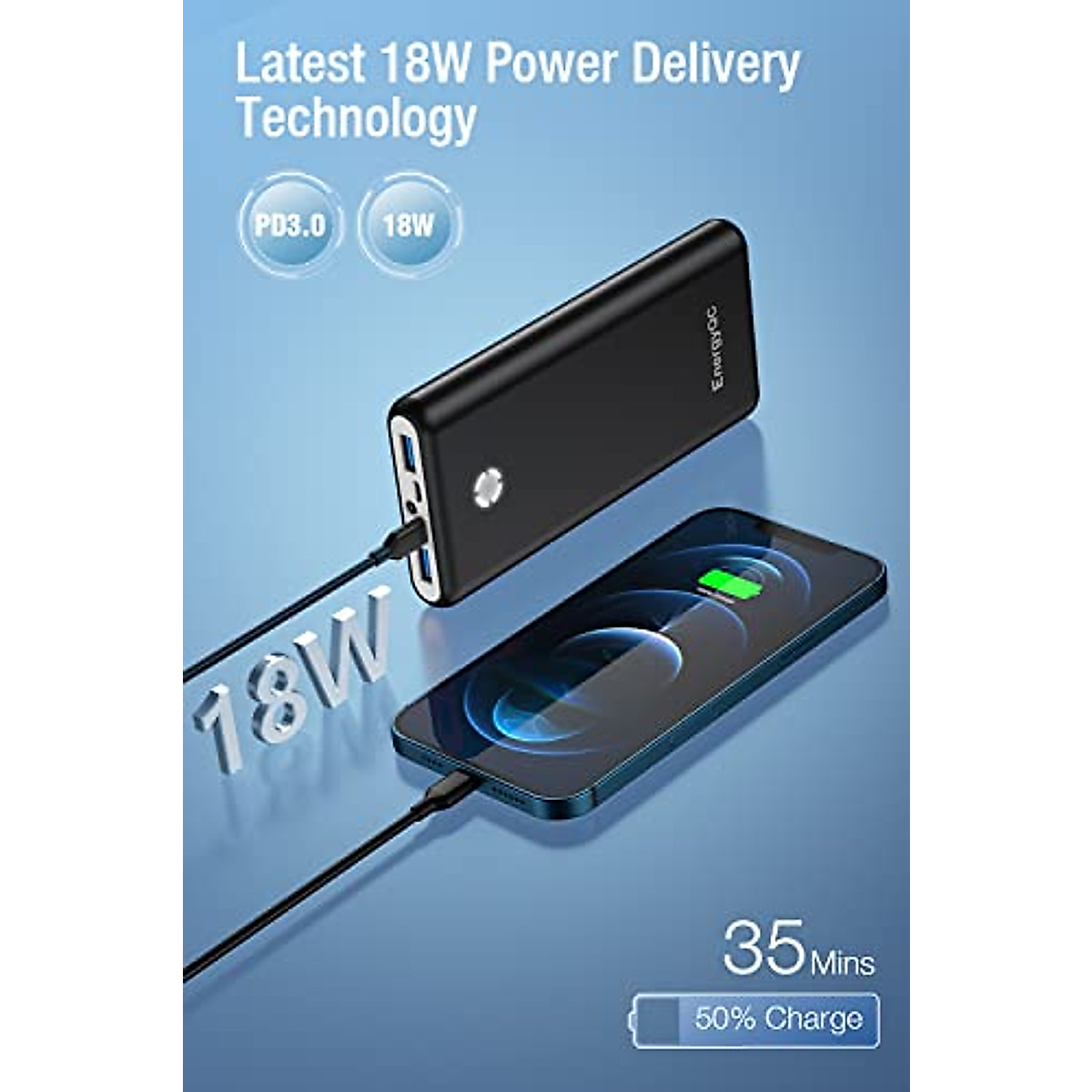 EnergyQC Pilot X7 Portable Charger,20000mAh 18W PD Fast Charging Power Bank,USB C Input/Output Battery Pack with LED Flashlight for iPhone,Samsung and More - Black