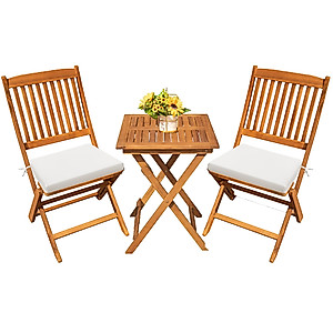 Devoko Outdoor 3 Piece Folding Patio Bistro Set Acacia Wood Bistro Table and Chairs Set of 2 for Garden Poolside Backyard Balcony Porch Deck