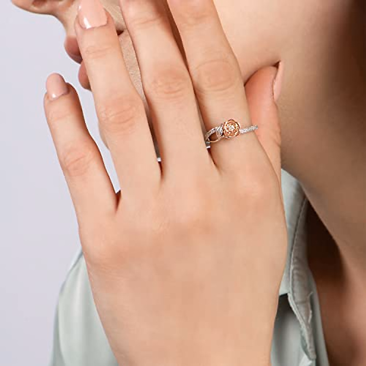 Jewelili Enchanted Disney Fine Jewelry Sterling Silver and 10K Rose Gold with 1/5 CTTW Diamond Belle Rose Ring size 6