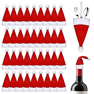 36 Pcs Christmas Santa Hat Silverware Holders Xmas Red Santa Claus Hats Tableware Holders Cute Fork Spoon Pocket Flatware Holder Mini Wine Bottle Cover DIY Lollipop Hat for Christmas Tree Dinner Decor
